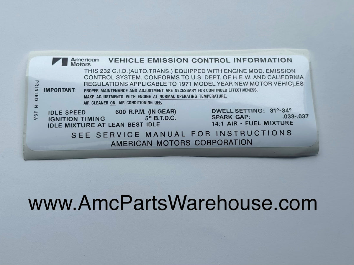 1971 AMC 232 6-Cylinder ENGINE EMISSIONS DECAL AUTO – AMC Parts Warehouse