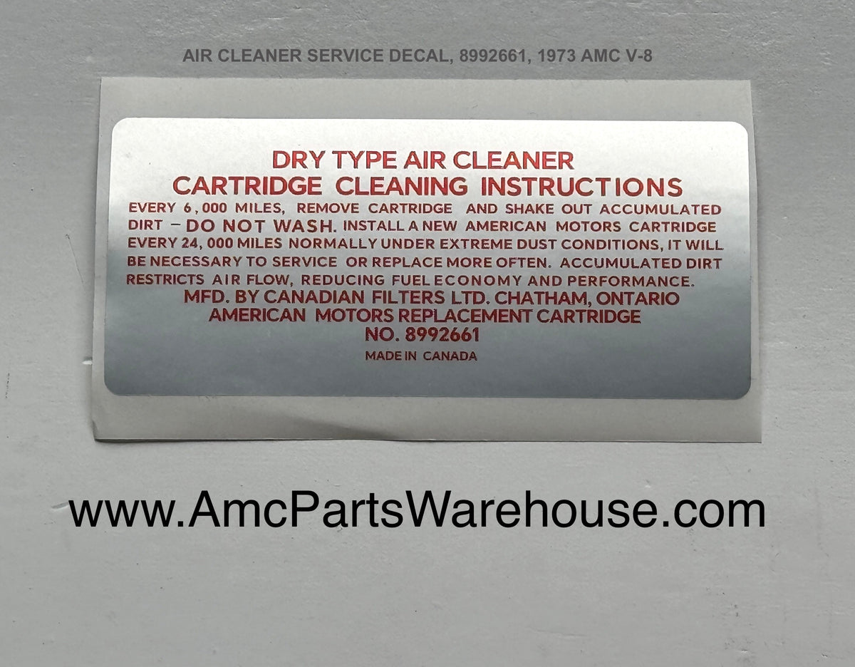 AMC Air Cleaner Service Decal, 8992661, 1973 AMC V-8 – AMC Parts Warehouse